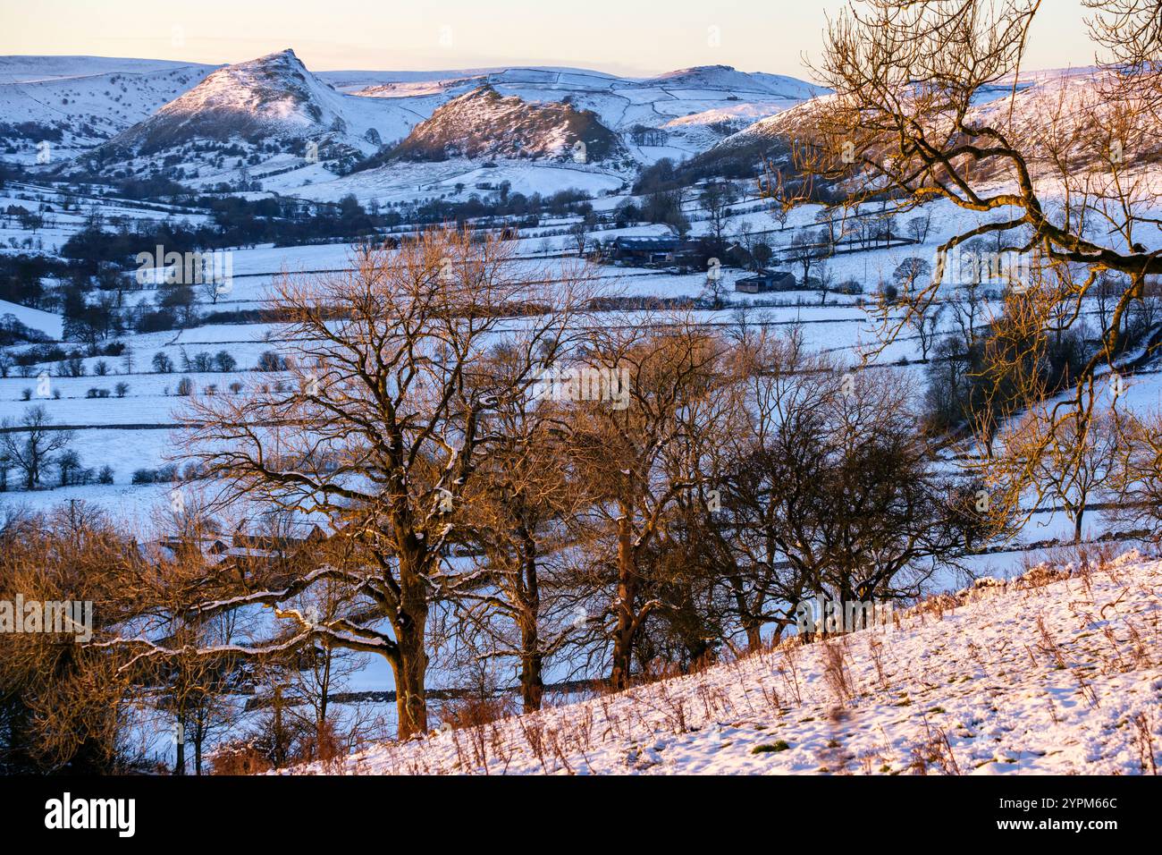 A snow-covered scene looking north from Crowdecote to Parkhouse Hill ...