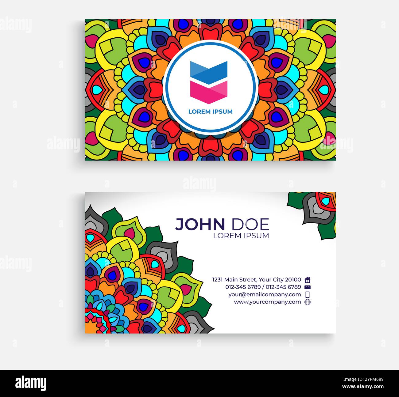 Colorful mandala business card design. Bright floral ornamental ...