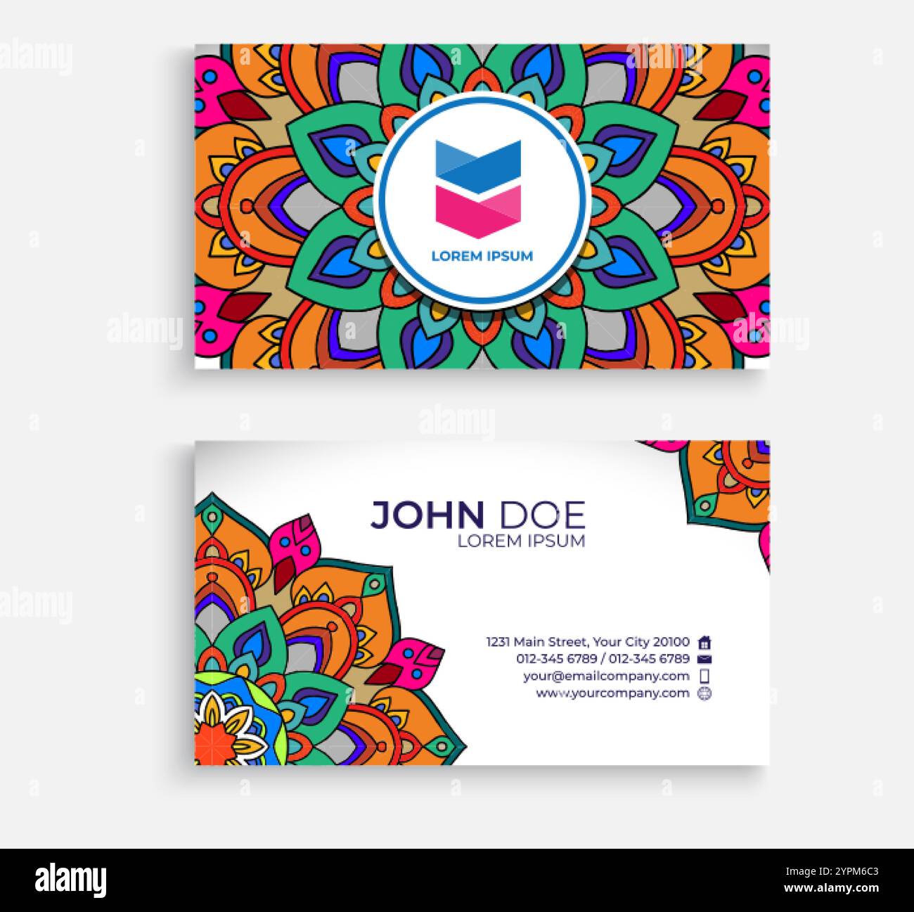 Colorful mandala business card design. Bright floral ornamental ...