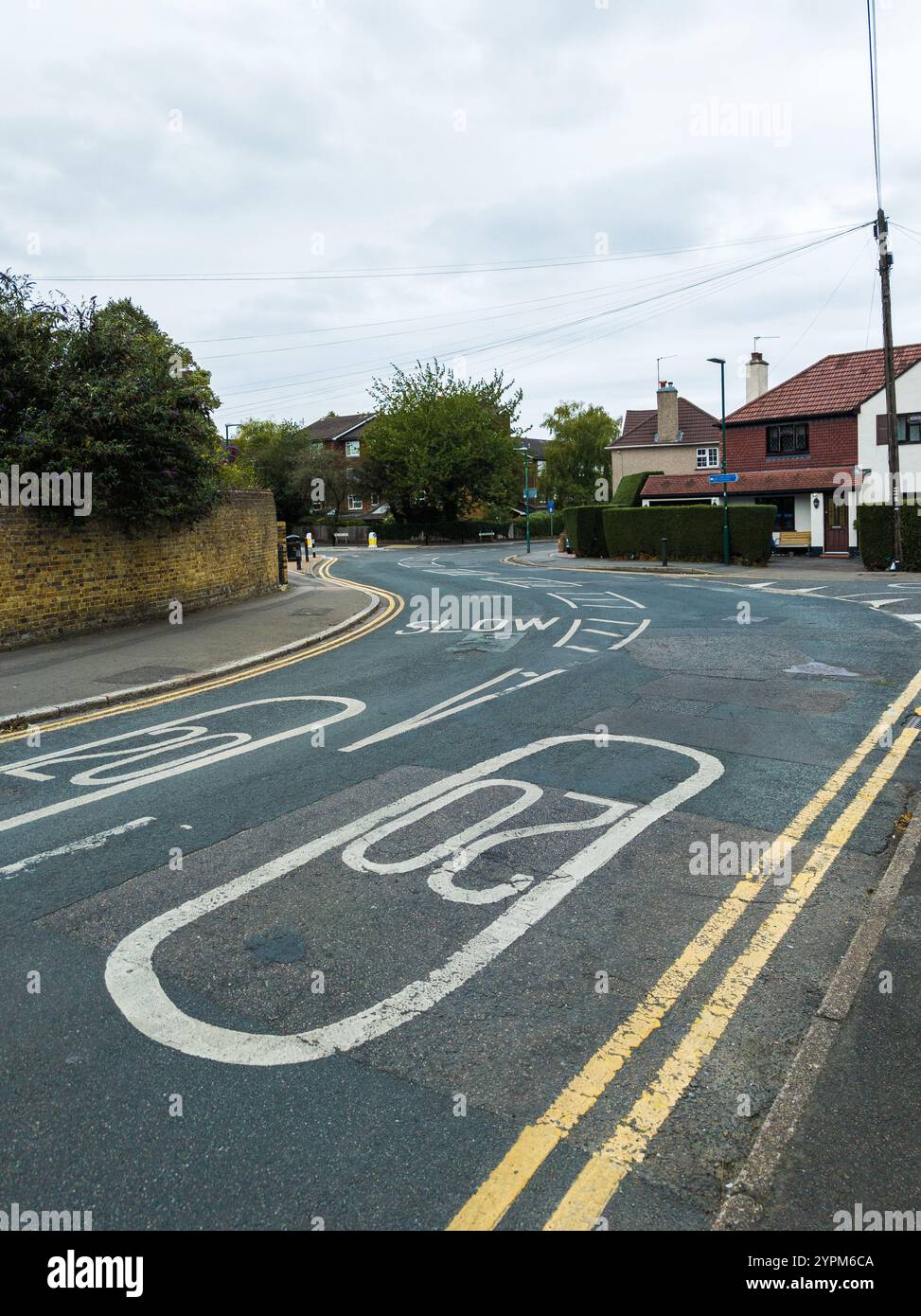 Residential street view with clear traffic markings, double yellow ...