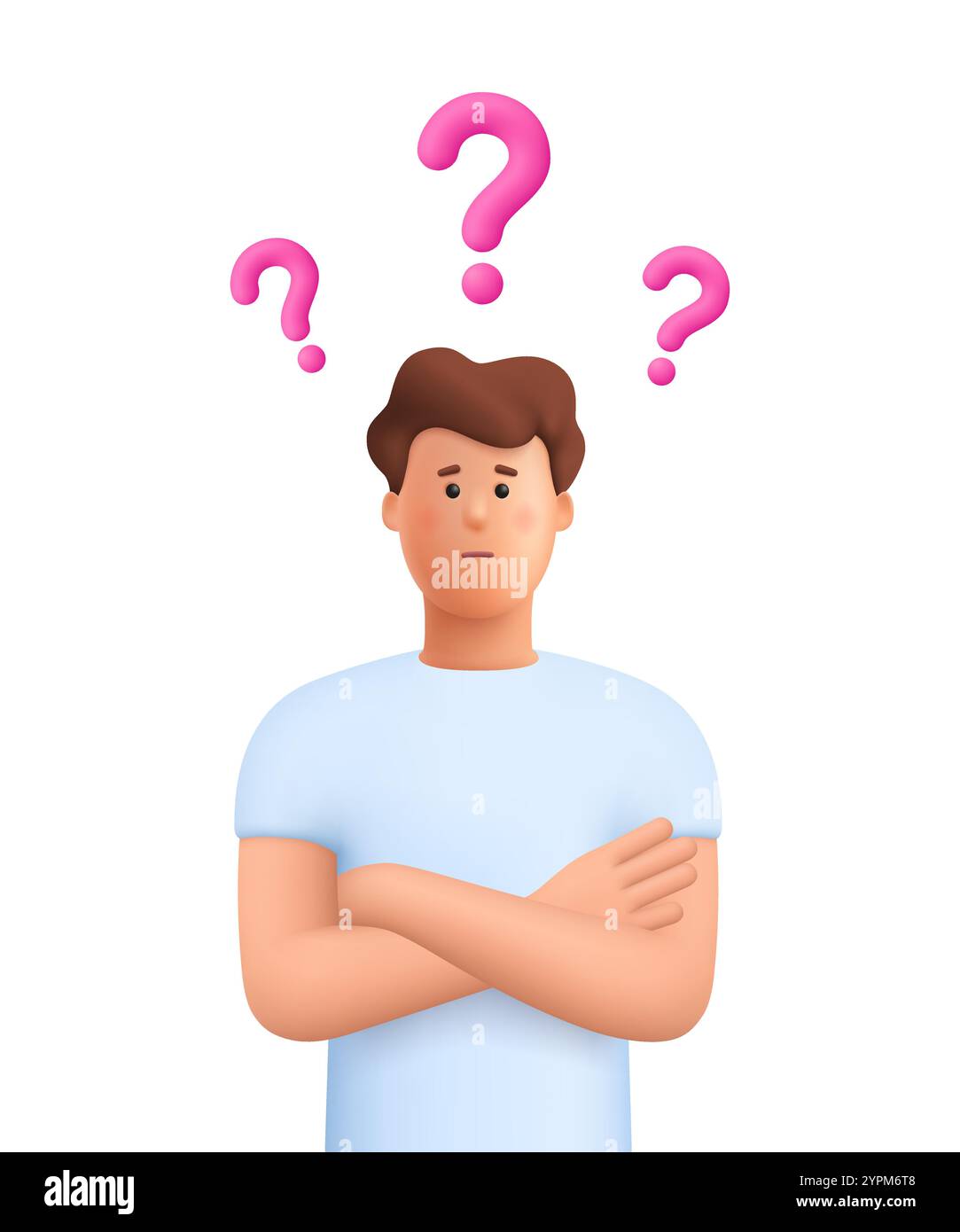 Confused man James standing with crossed arms pose with red question ...