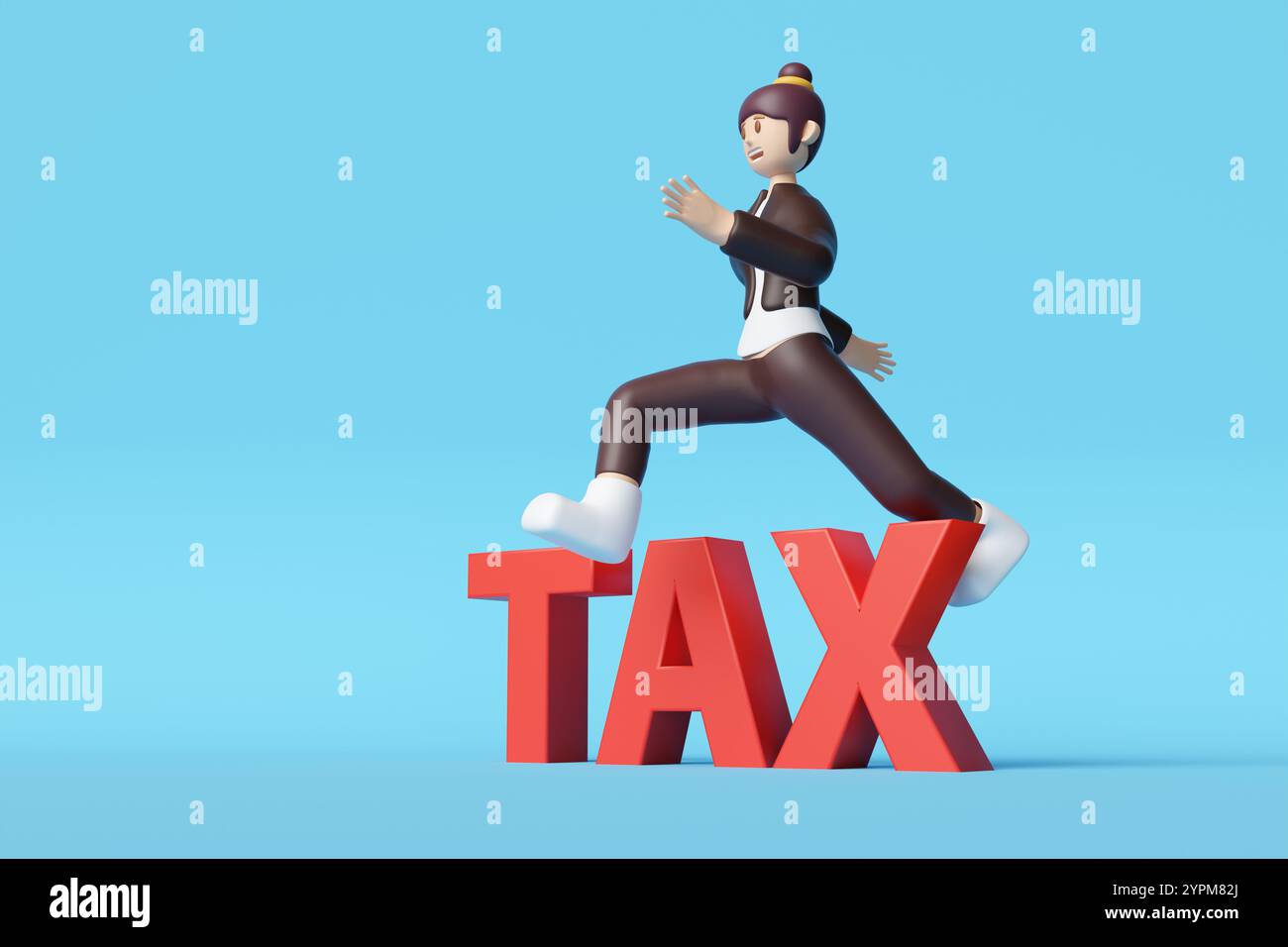 Female cartoon figure jumping over the red text TAX in blue background ...