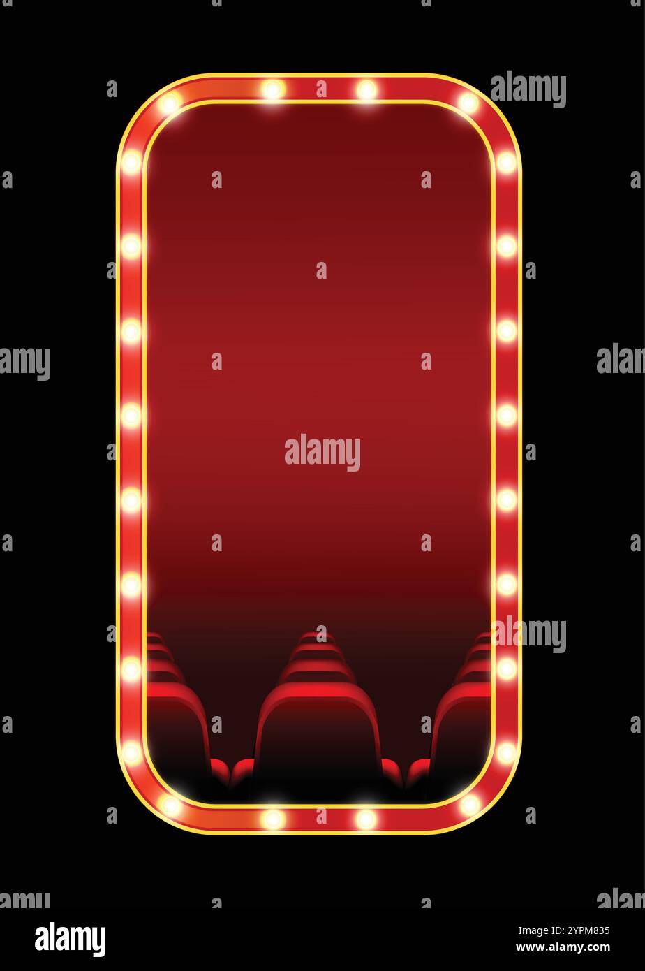 Red cinema blank sign with seats and lights border showing event ...