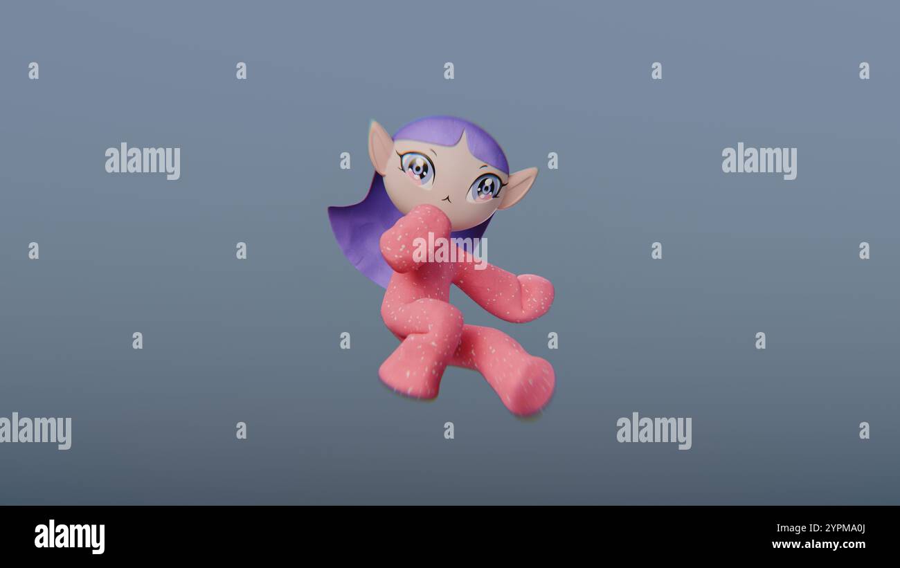 Cute anime chibi girl in a pink suit in a flying pose. Little kawaii ...