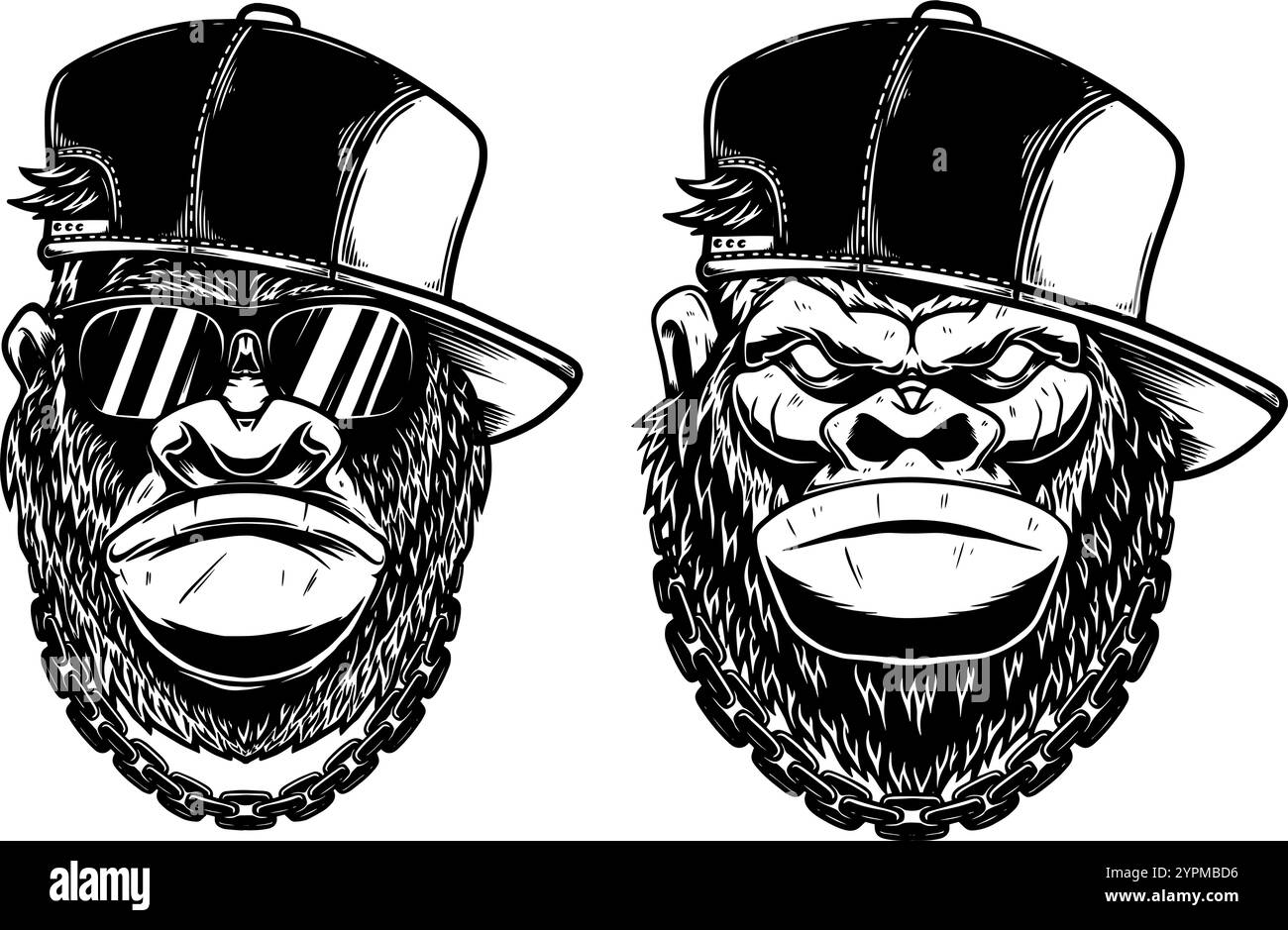Illustration of gorilla in baseball cap in monochrome and color styles ...
