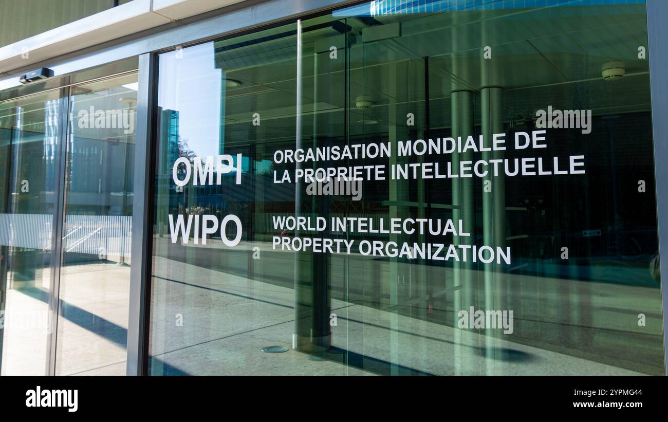 Sign at the entrance to the headquarters of the World Intellectual Property Organization (WIPO ...