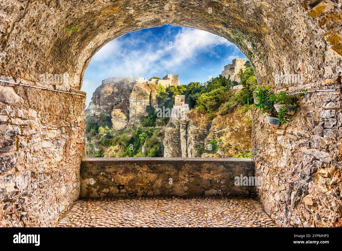 Scenic rock arch balcony overlooking the iconic medieval Castle of ...