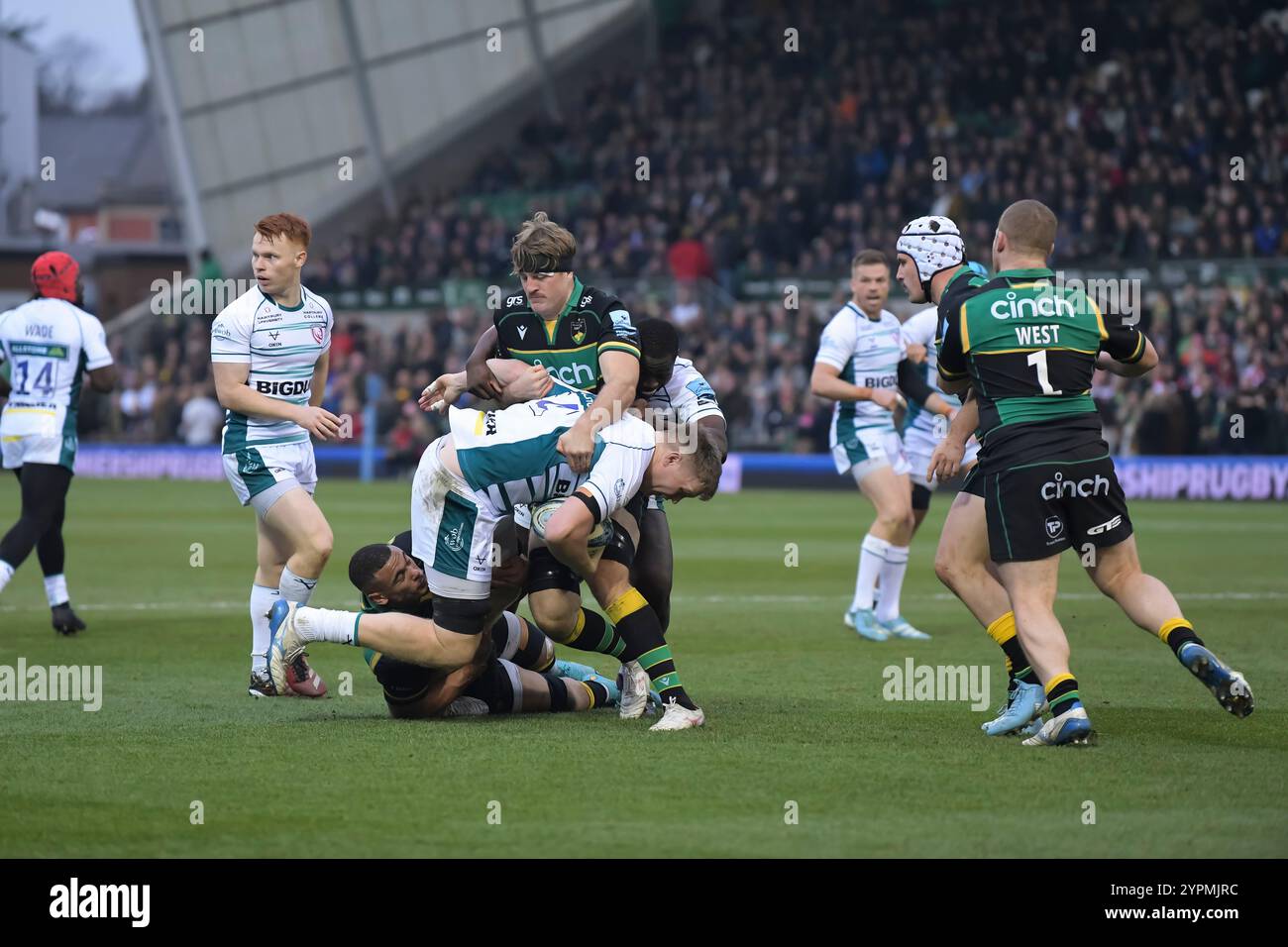 London, UK. 29th Nov, 2024. Alex Coles of Northampton tackles Arthur ...