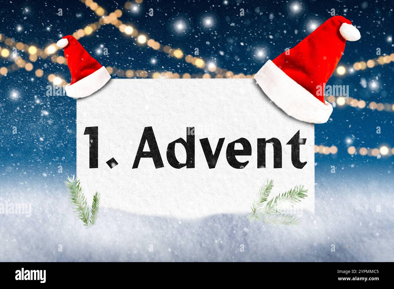 December 1, 2024: 1 Advent, lettering with Christmas hats in the snow ...