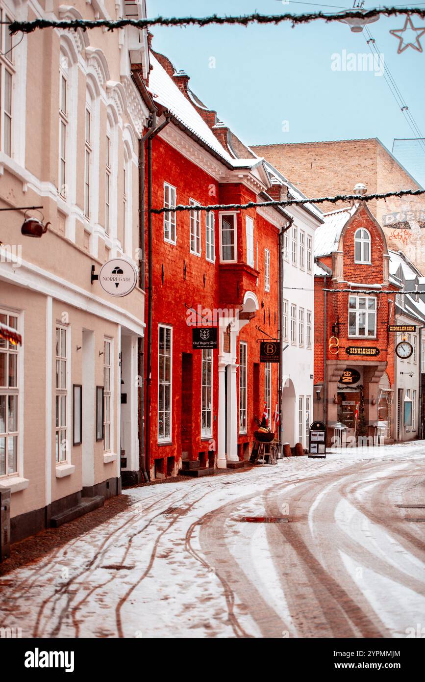 Snowy rooftops of traditional Danish buildings near Hans Christian ...