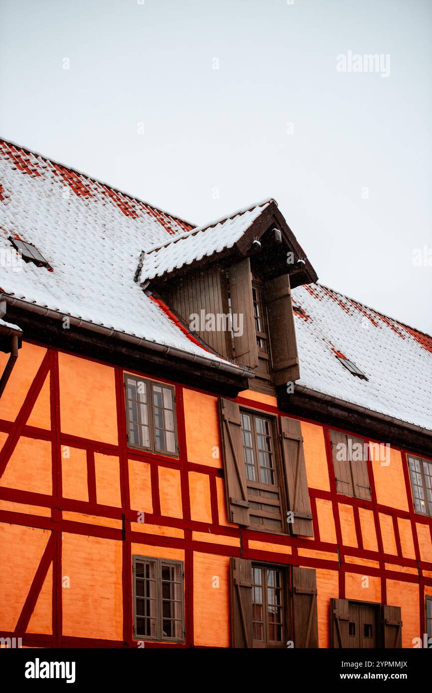 Snowy rooftops of traditional Danish buildings near Hans Christian ...