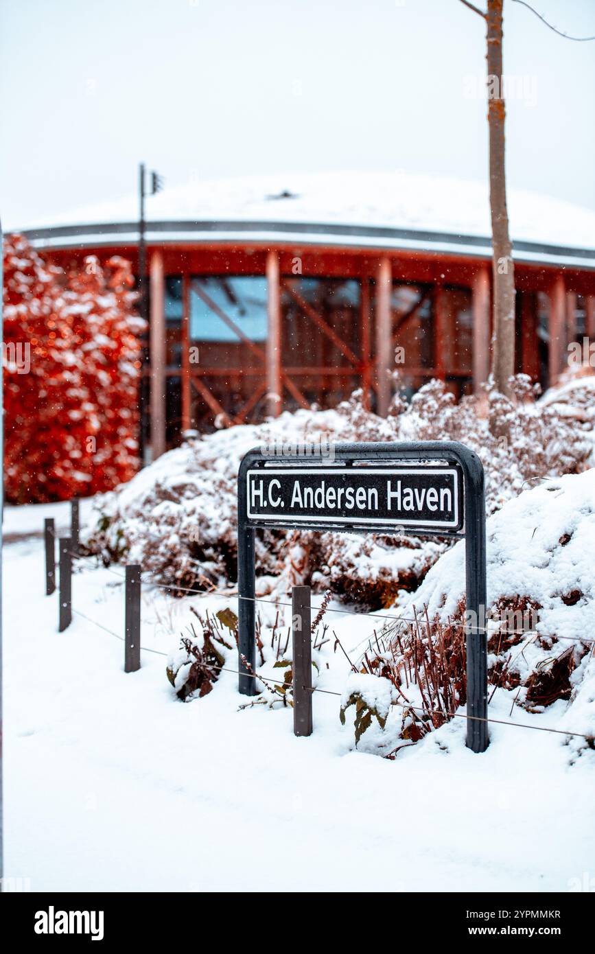 Snowy rooftops of traditional Danish buildings near Hans Christian ...