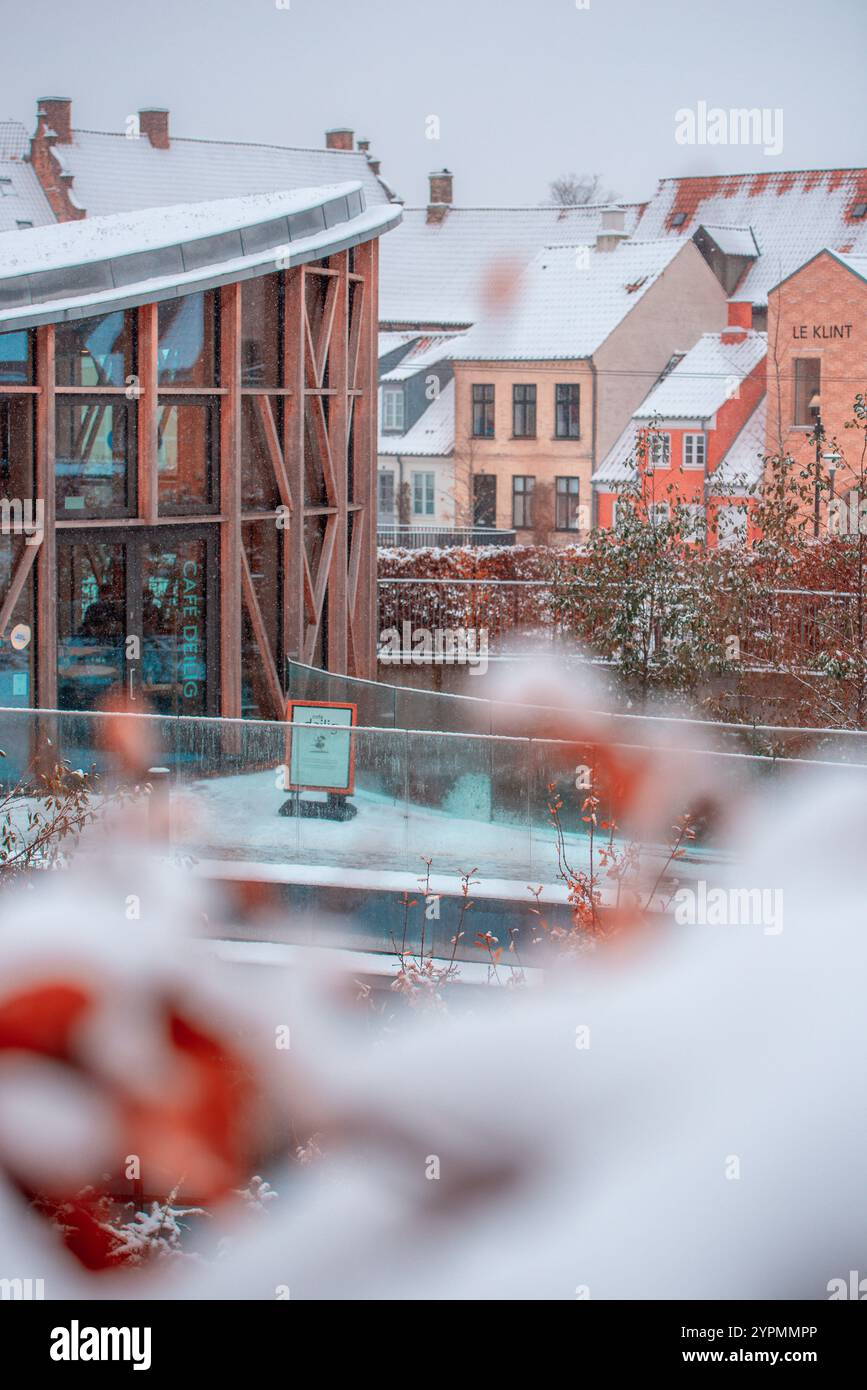 Snowy rooftops of traditional Danish buildings near Hans Christian ...