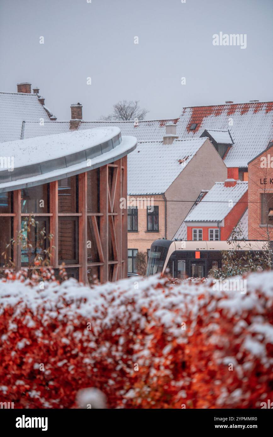 Snowy rooftops of traditional Danish buildings near Hans Christian ...