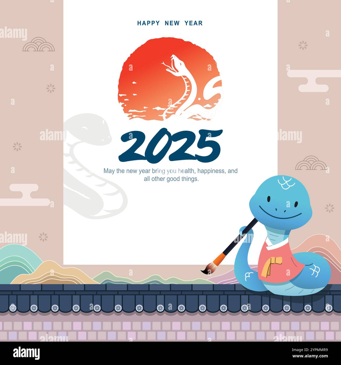 Korean New Year event design. A blue snake wearing a traditional Hanbok ...