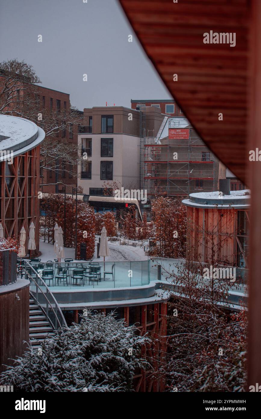 Snowy rooftops of traditional Danish buildings near Hans Christian ...