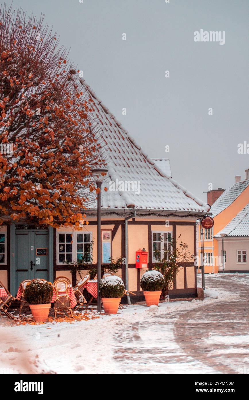 Snow-covered Scandinavian streets in Odense, Denmark, featuring ...