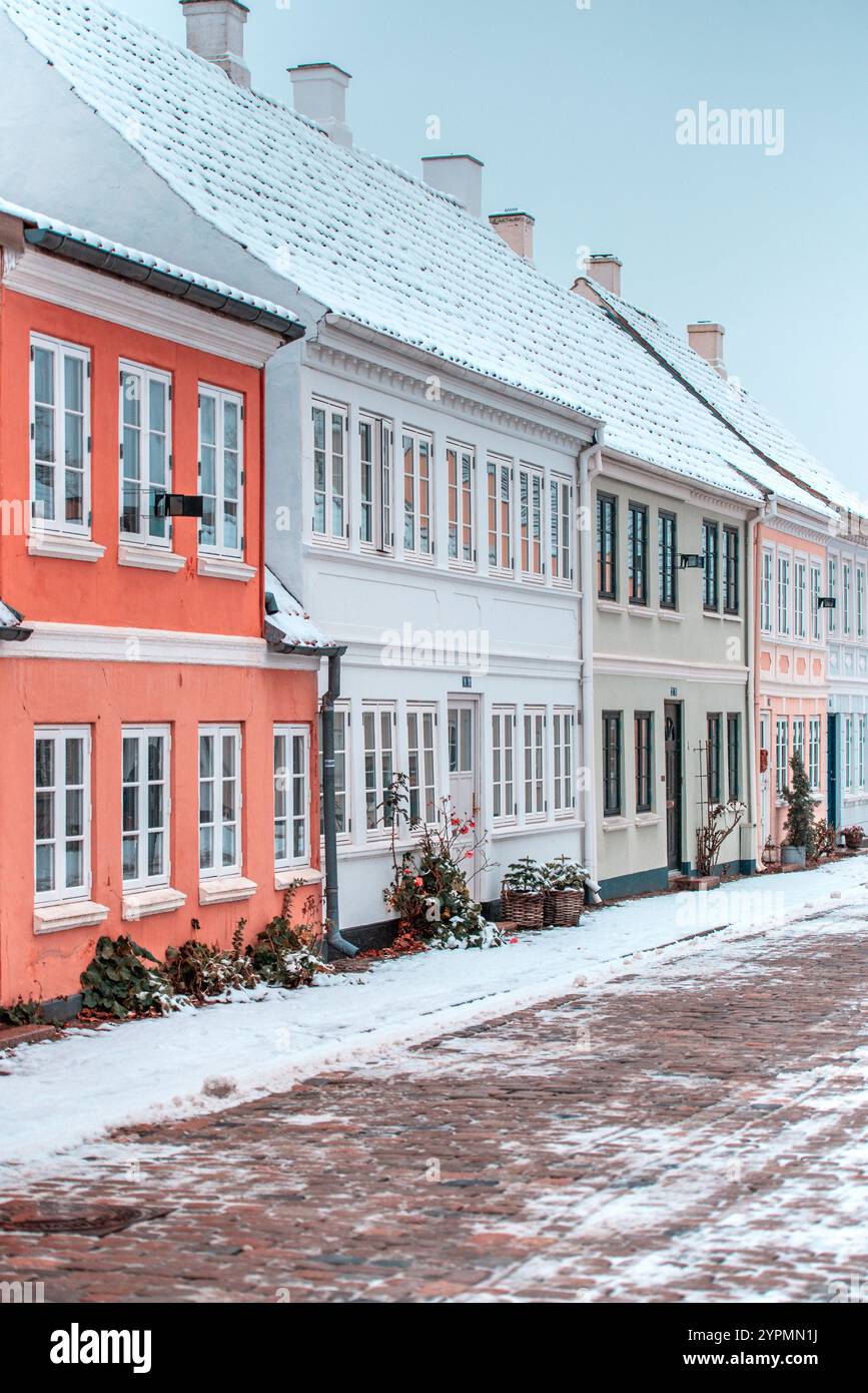 Snow-covered Scandinavian streets in Odense, Denmark, featuring ...