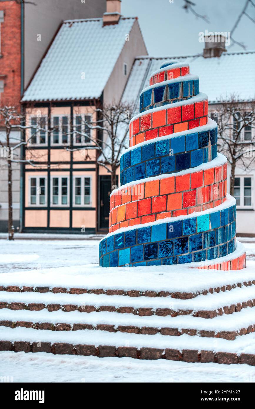 Snow-covered Scandinavian streets in Odense, Denmark, featuring ...