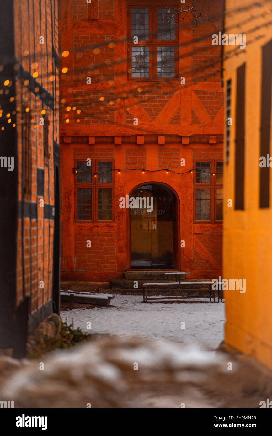 Snow-covered Scandinavian streets in Odense, Denmark, featuring ...