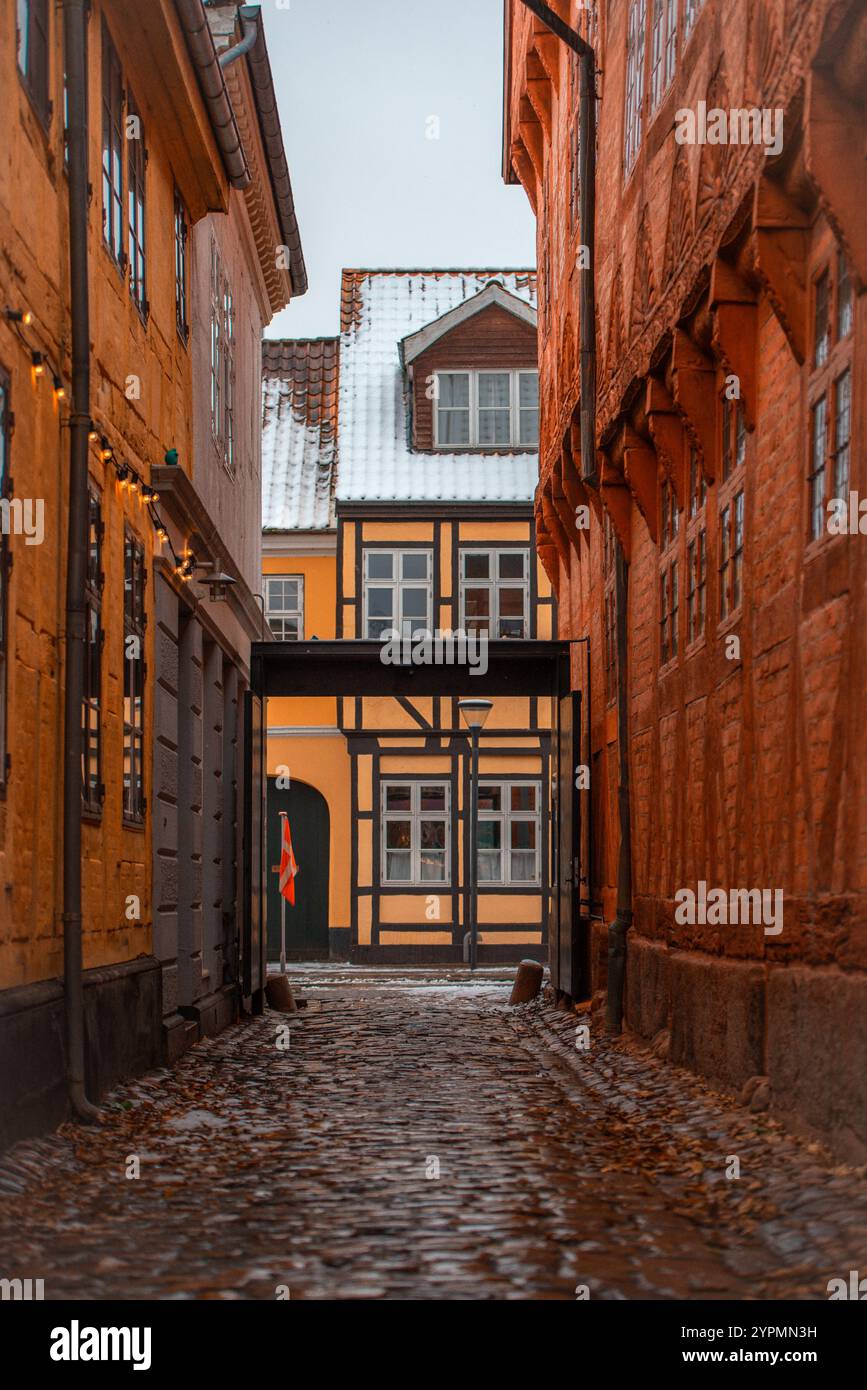 Snow-covered Scandinavian streets in Odense, Denmark, featuring ...