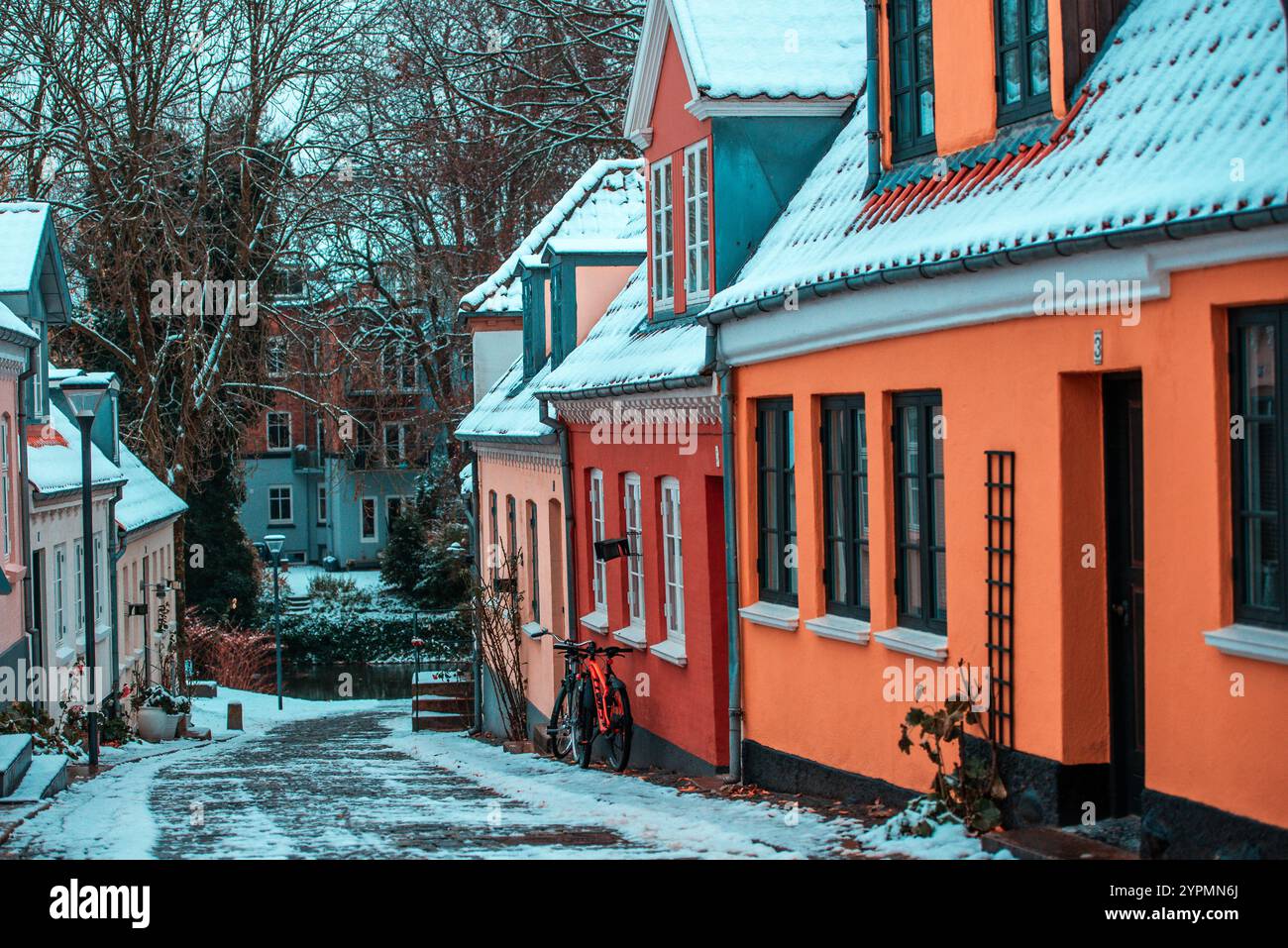 Snow-covered Scandinavian streets in Odense, Denmark, featuring ...