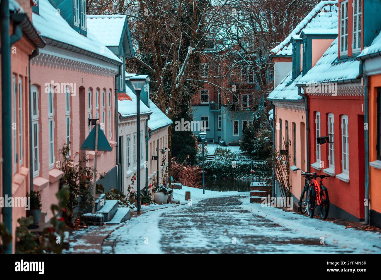 Snow-covered Scandinavian streets in Odense, Denmark, featuring ...