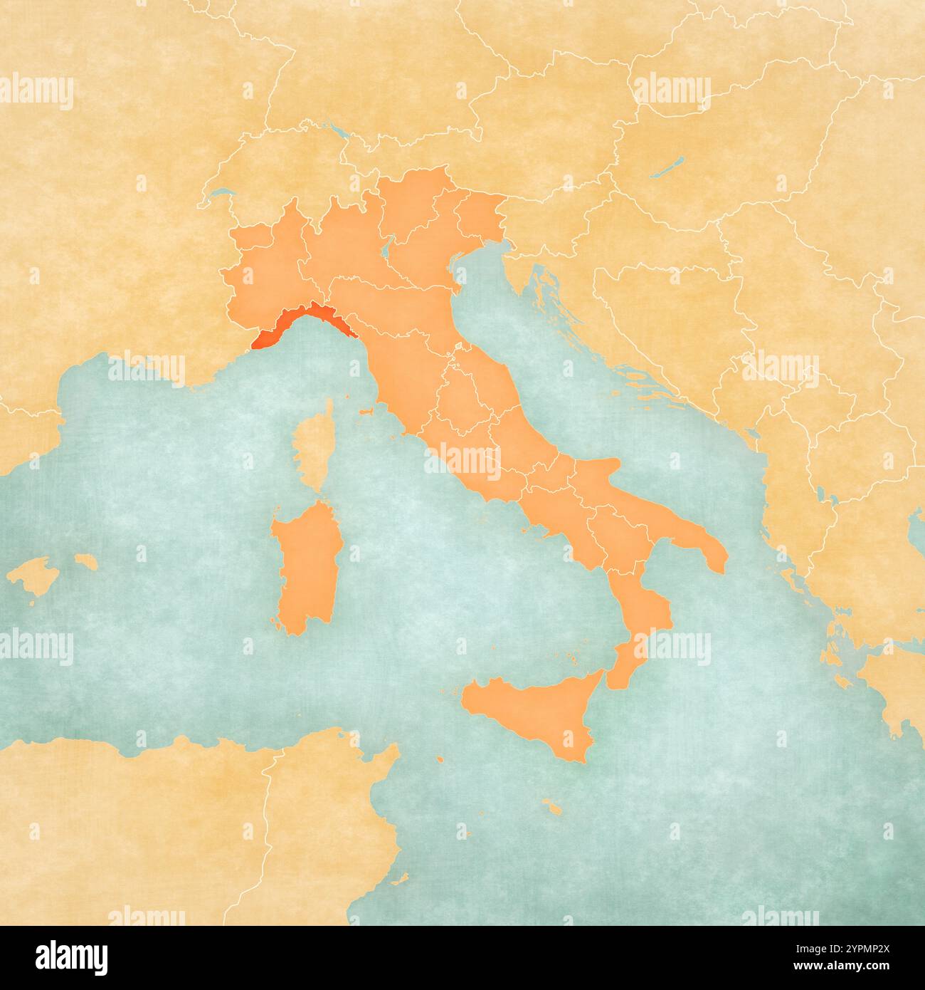 Liguria on the map of Italy in soft grunge and vintage style, like old ...
