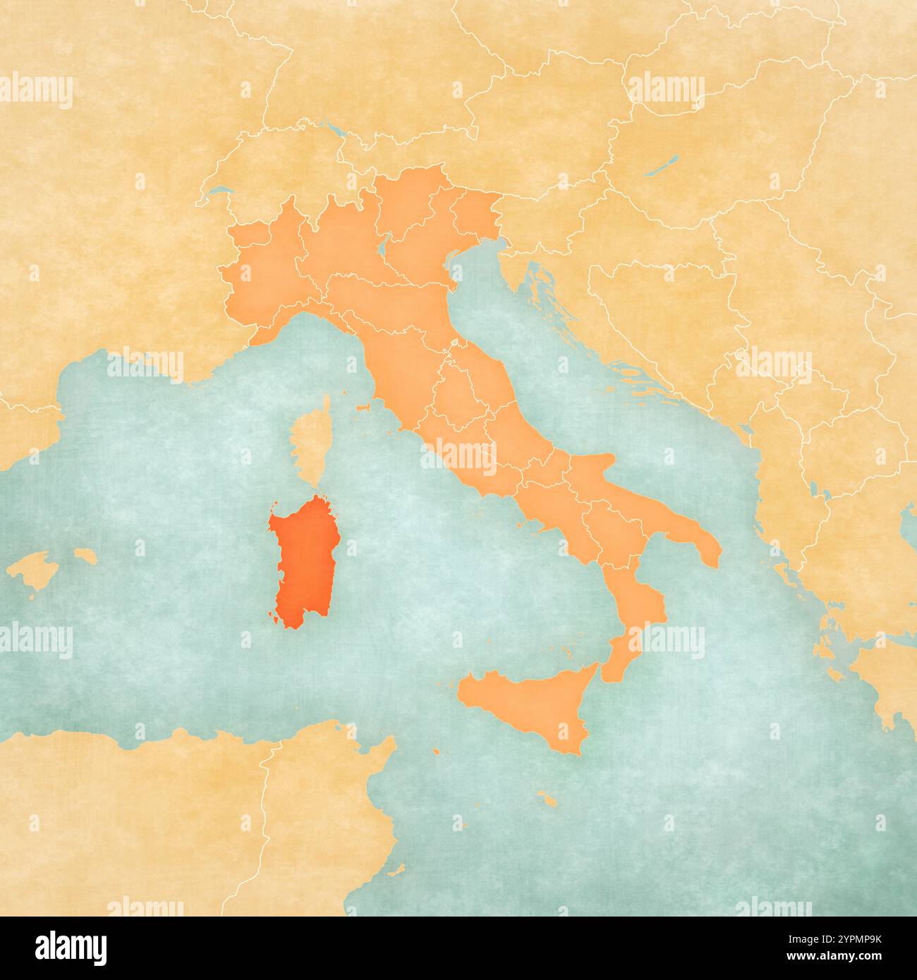 Sardinia on the map of Italy in soft grunge and vintage style, like old ...