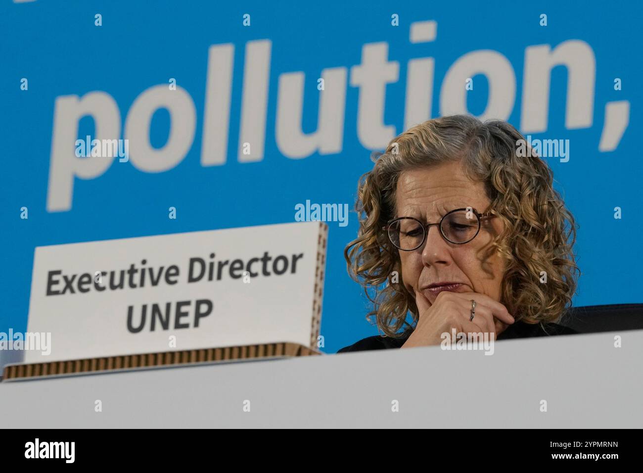 Inger Andersen, Executive Director of UNEP, gestures before the start of a plenary of the fifth ...