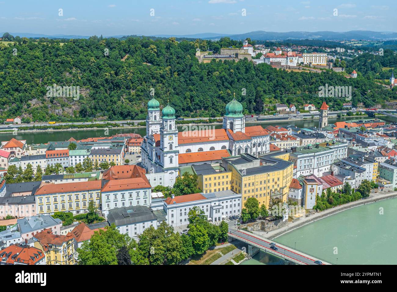 Aerial view of the three-river city of Passau in Lower Bavaria around ...
