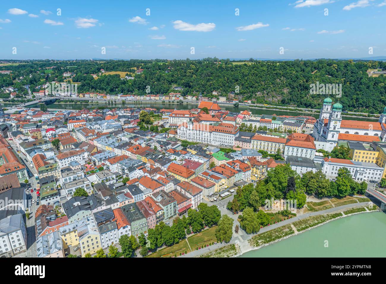 Aerial view of the three-river city of Passau in Lower Bavaria around ...