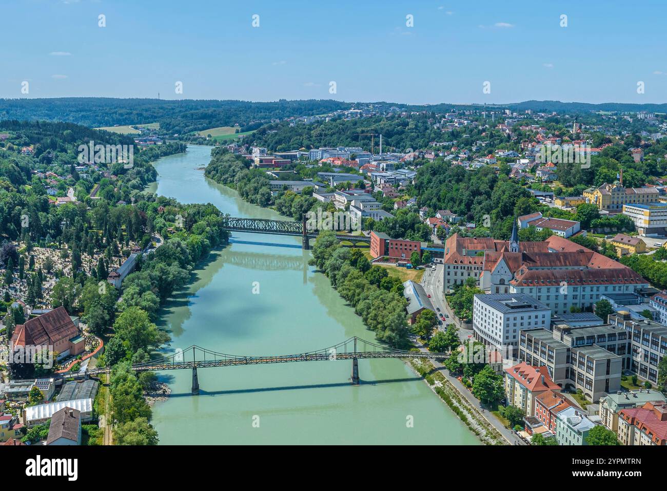 Aerial view of the three-river city of Passau in Lower Bavaria around ...
