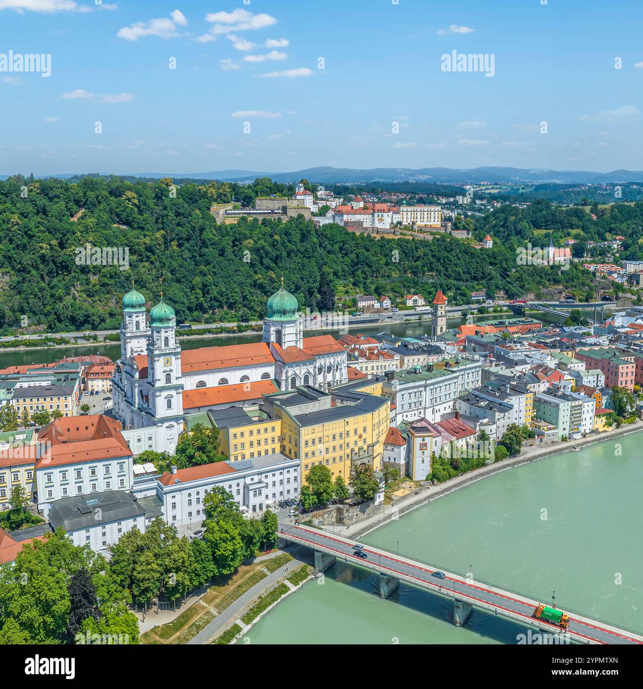 Aerial view of the three-river city of Passau in Lower Bavaria around ...