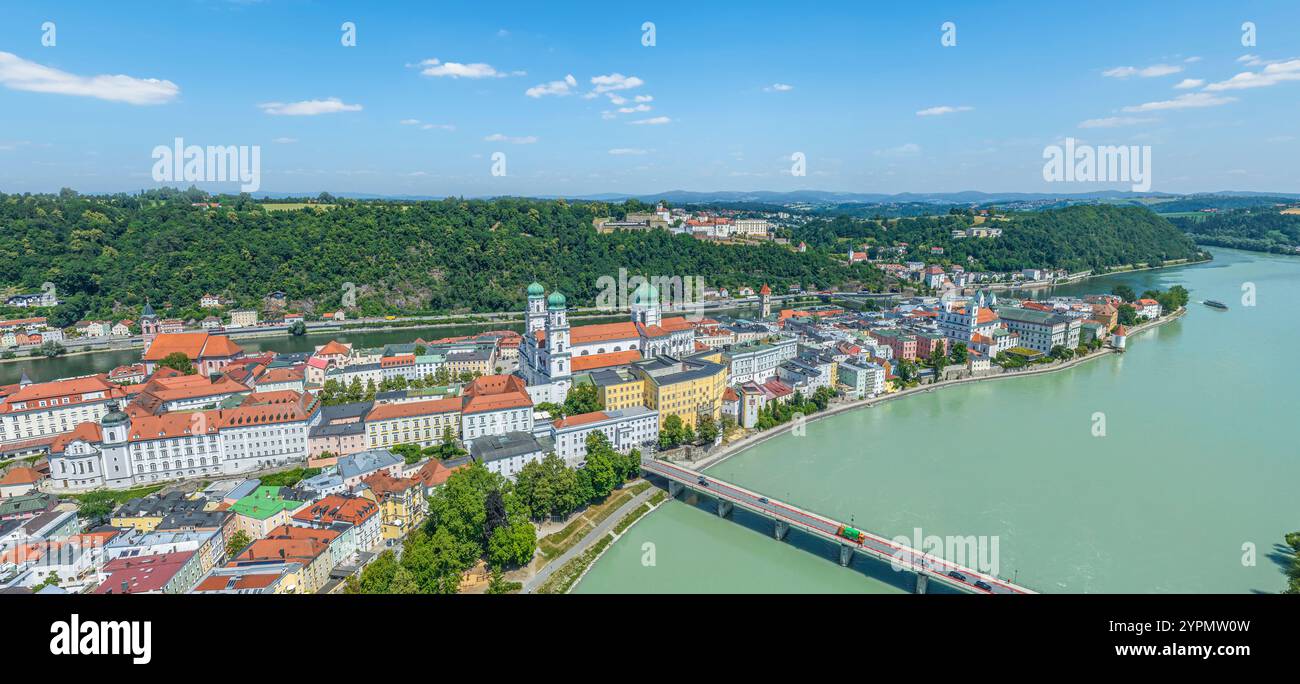 Aerial view of the three-river city of Passau in Lower Bavaria around ...