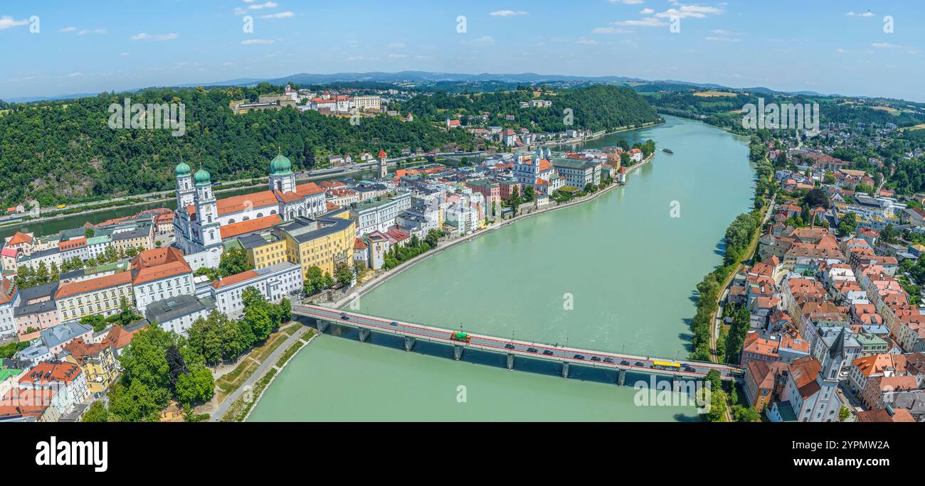 Aerial view of the three-river city of Passau in Lower Bavaria around ...