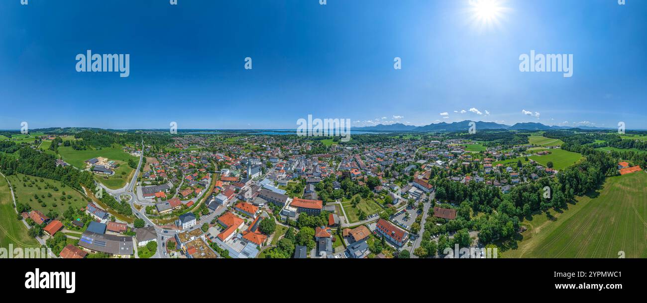 View of the spa town of Prien on the western shore of Lake Chiemsee in ...