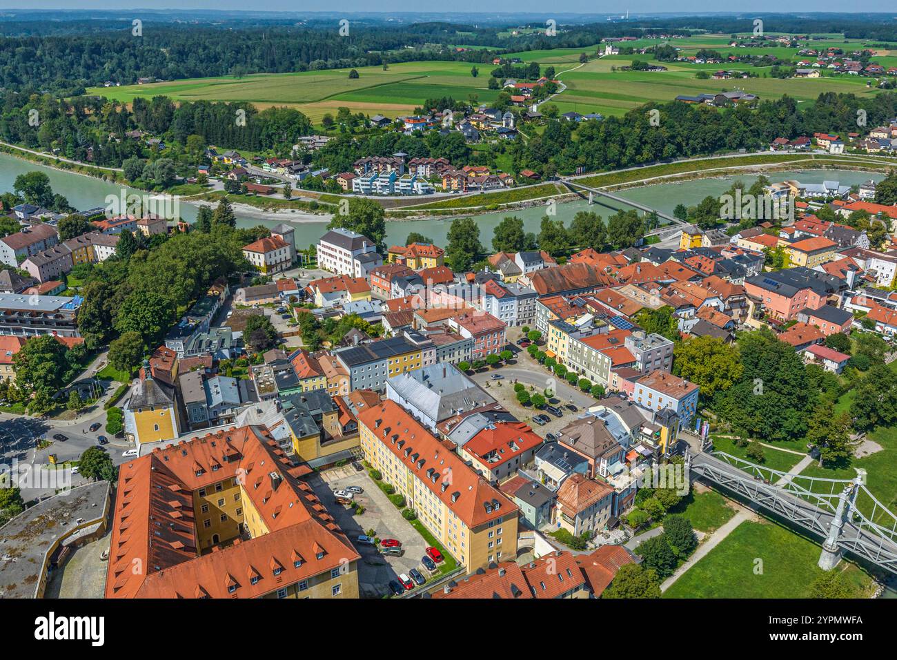 View of the small town of Laufen on the Salzach in Rupertiwinkel on the ...