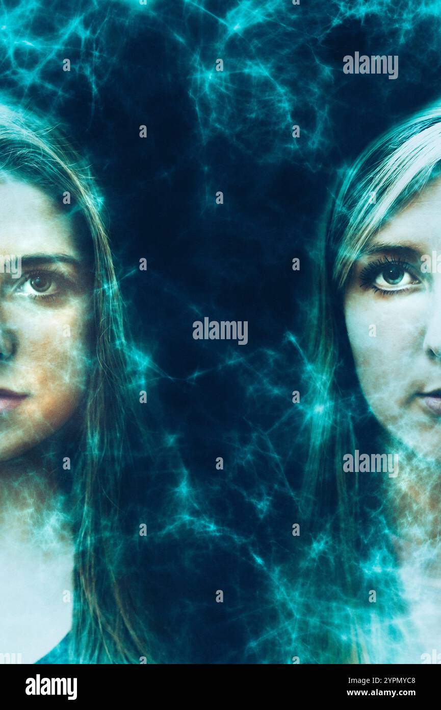 sisters portrait, dramatic half faces Stock Photo - Alamy