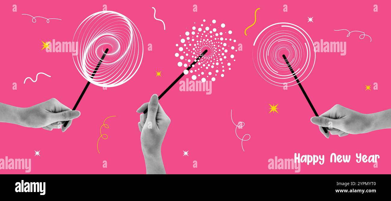 Happy new year 2025 greetings, hands carrying fireworks with magical ...