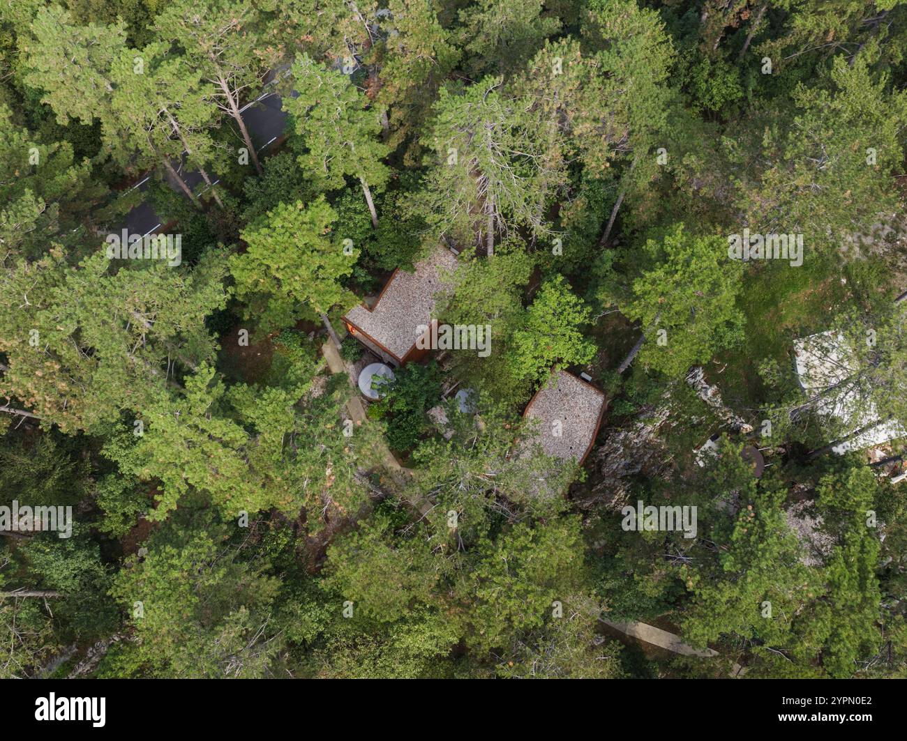 Aerial view of glamping hut with wooden deck and hot tub in forest ...