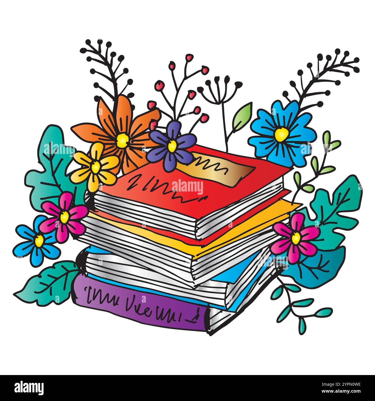 Hand drawn vector illustration of a stack of books with flowers and ...