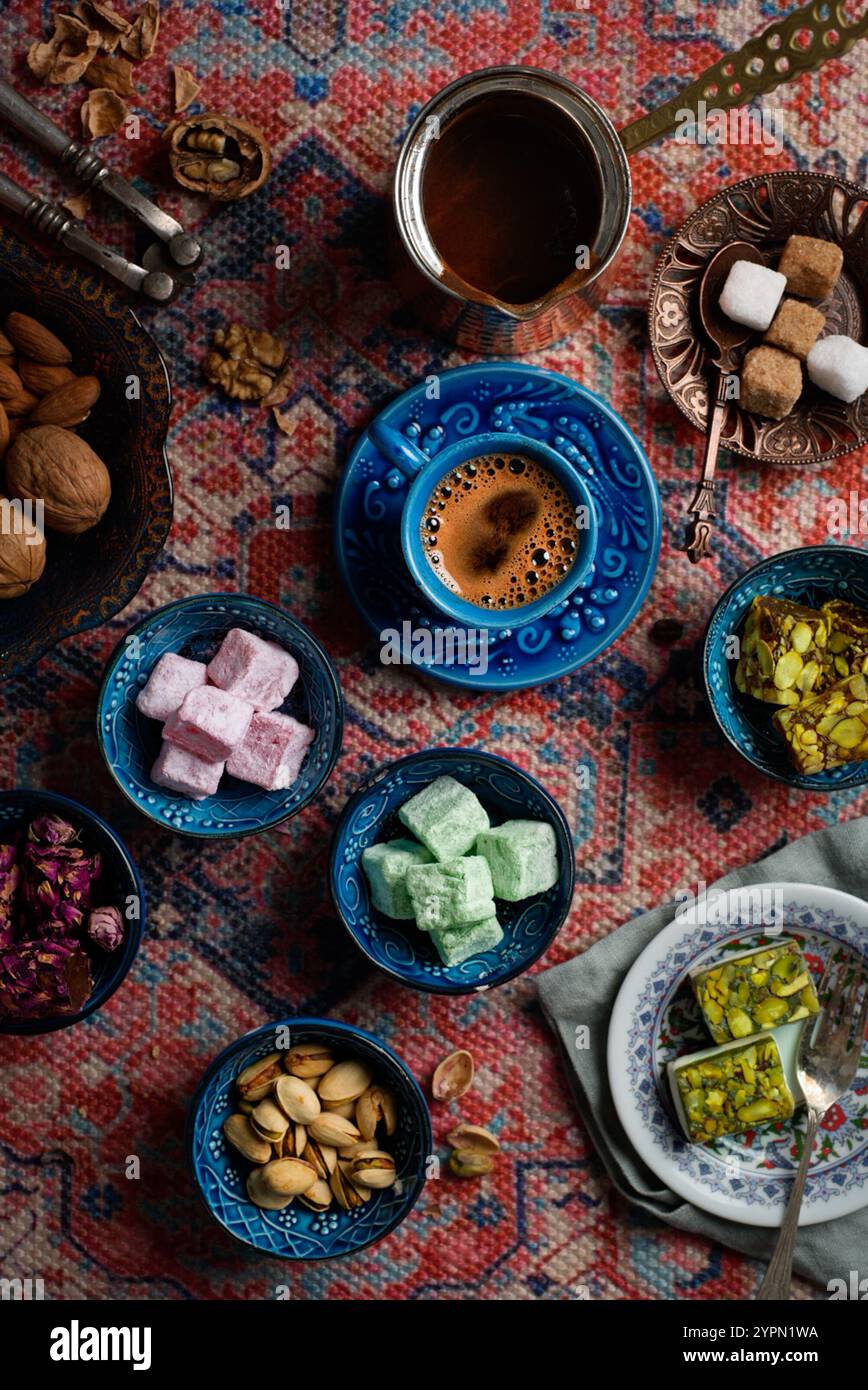Traditional Turkish Coffee (Türk kahvesi) served in a Copper Cezve on a ...
