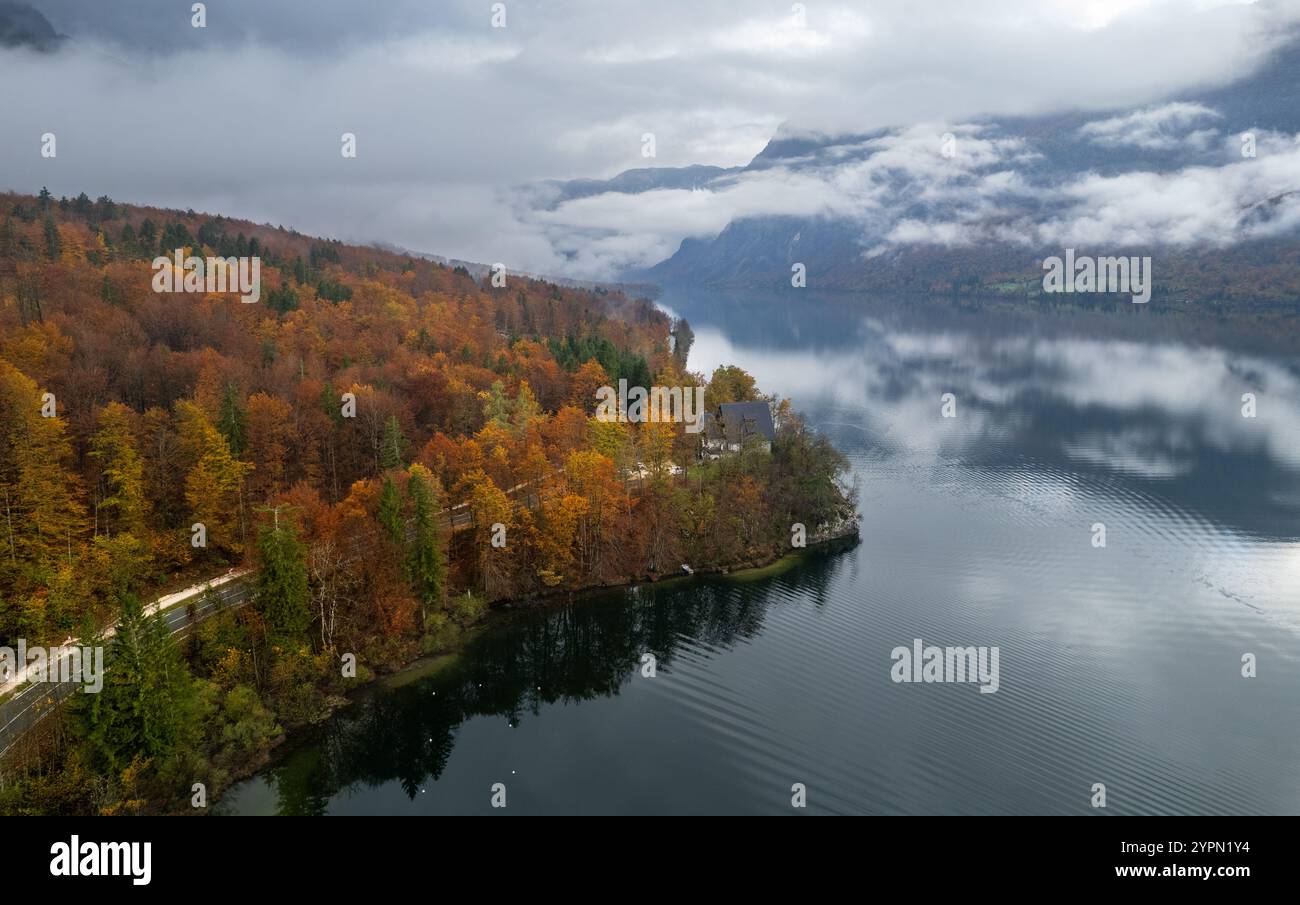 Fall season with forest colorful trees and cloudy sky reflecting in ...