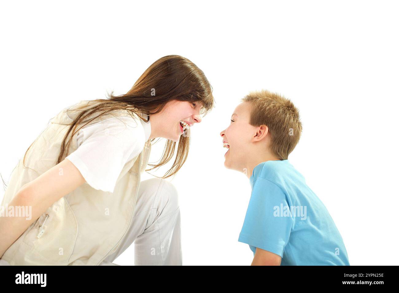 happy brother and sister laughing isolated on the white Stock Photo - Alamy