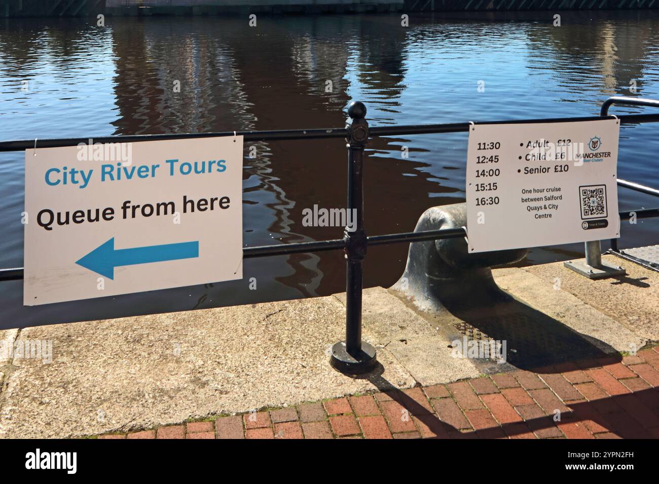 Signs for meeting point for City River Tours, Salford Quays Stock Photo ...