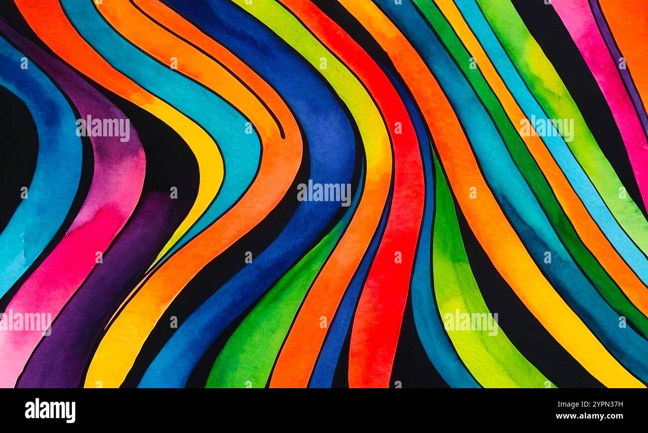 Curved bright multicolored stripes on black background, abstract ...