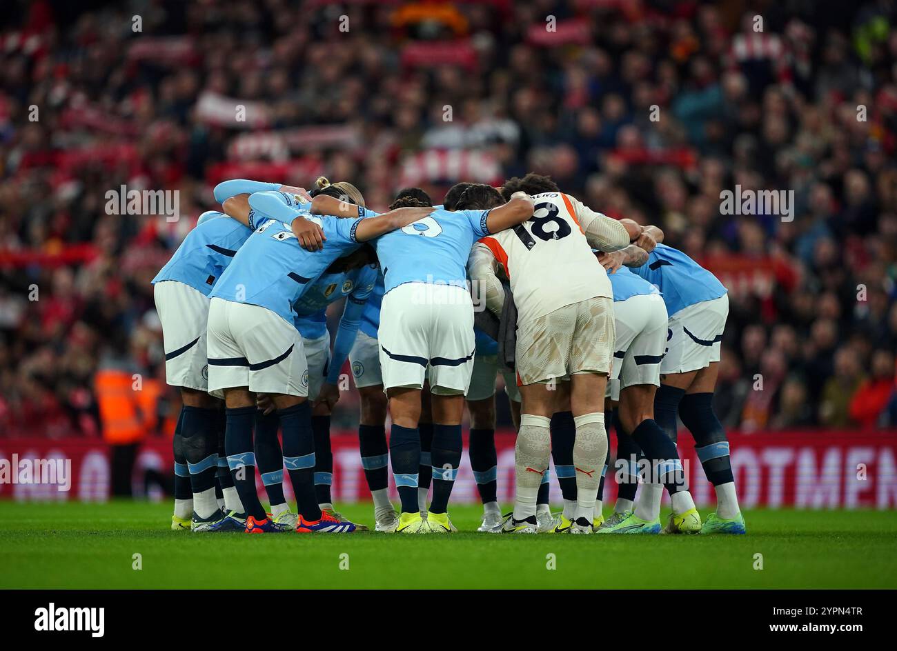 Manchester City have a team huddle during the Premier League match at ...