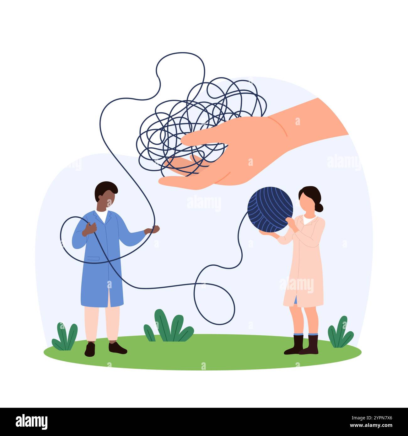 Two doctors untangle a complex yarn ball held by a giant hand ...