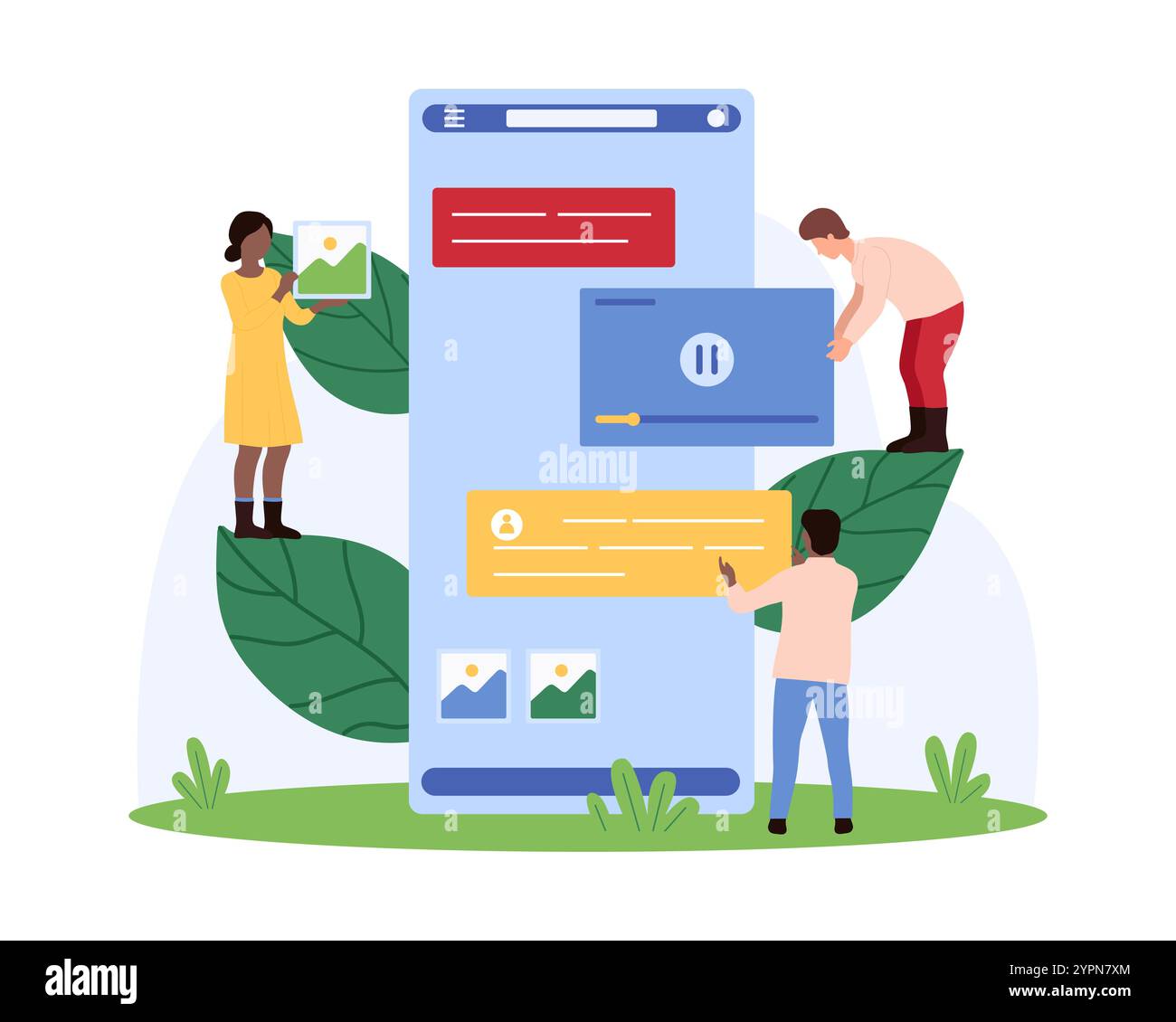 Chat messenger mobile app design development. Tiny people holding ...